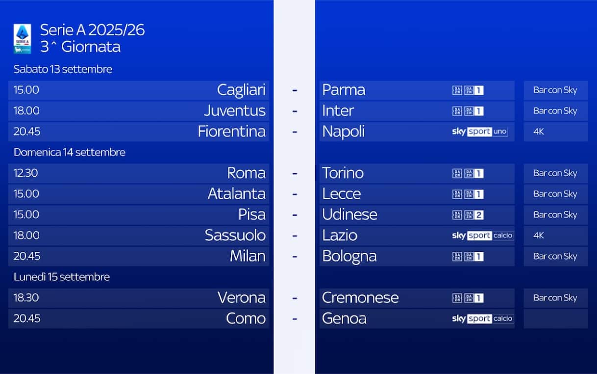 Serie A, 3^ giornata: le partite, dove vederle e gli arbitri | Sky Sport