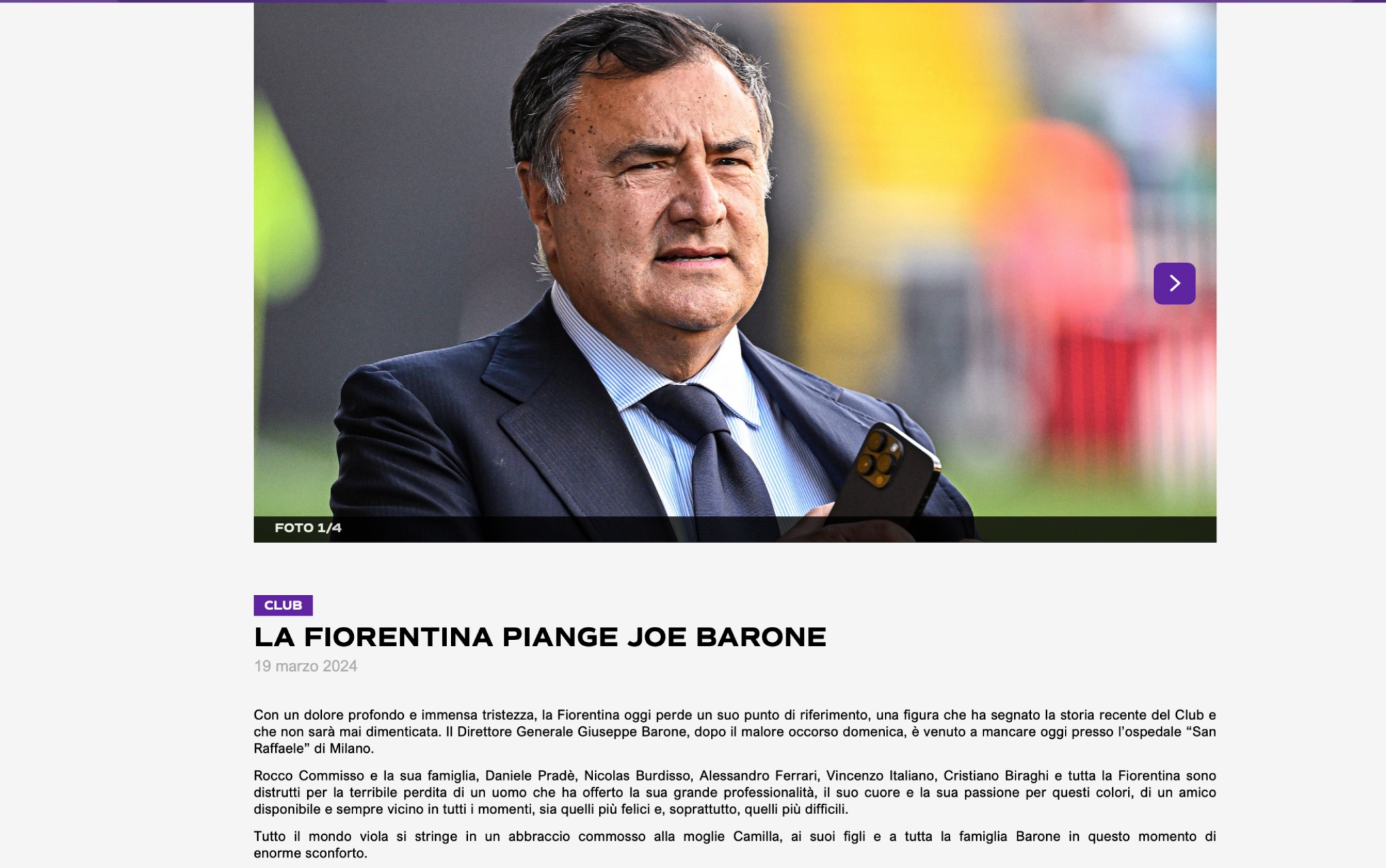 Joe Barone, aperta camera ardente al Viola Park per il Dg della ...