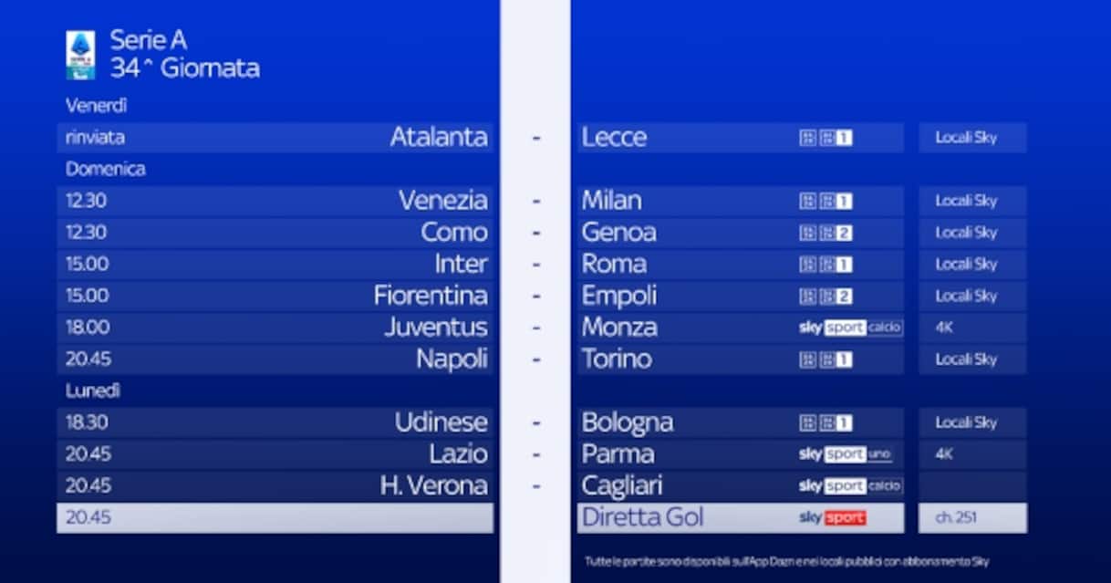 Serie A, 34^ giornata: le partite, dove vederle e gli arbitri | Sky Sport
