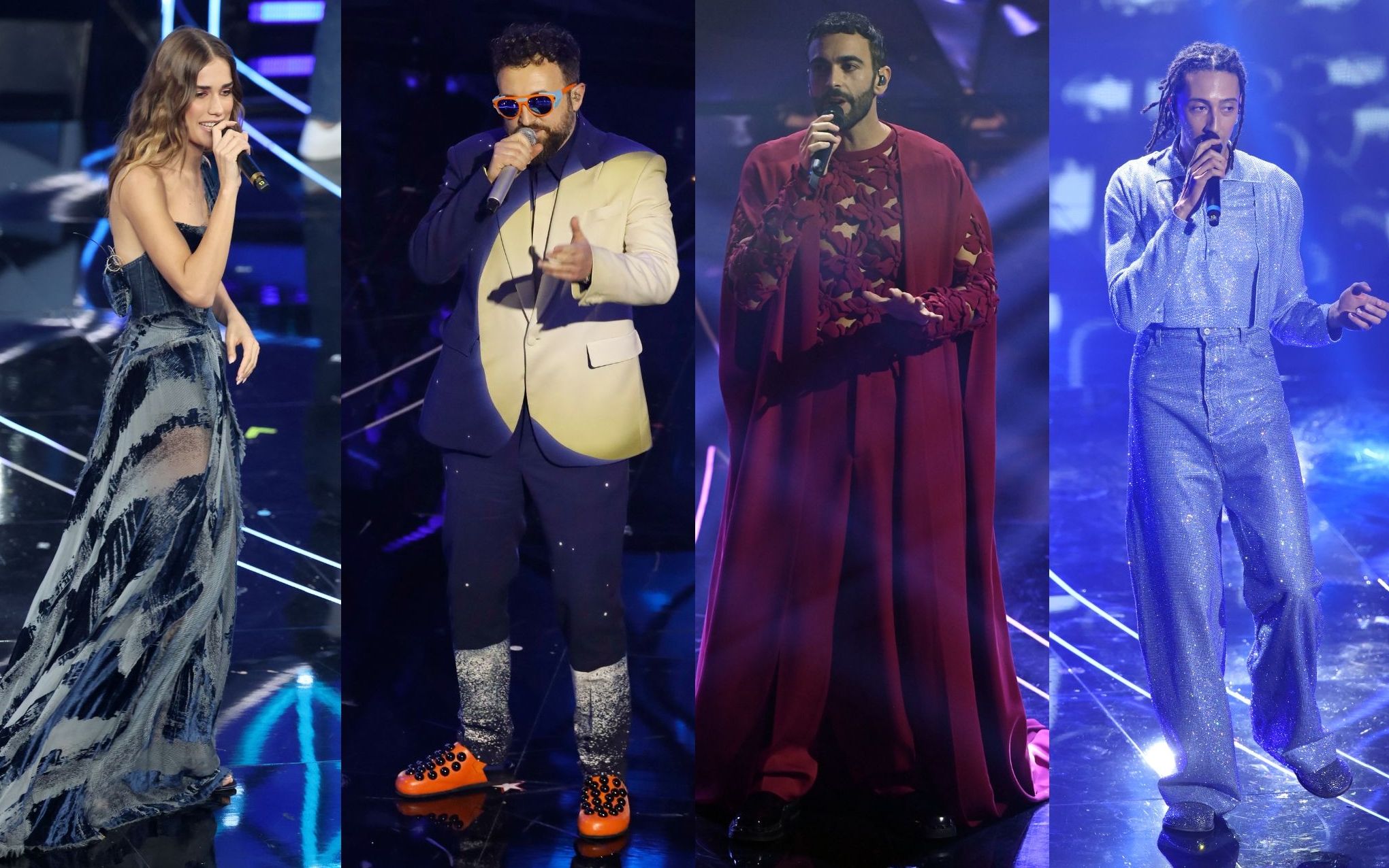 Sanremo 2024, Mahmood balla Tuta Gold in conferenza stampa