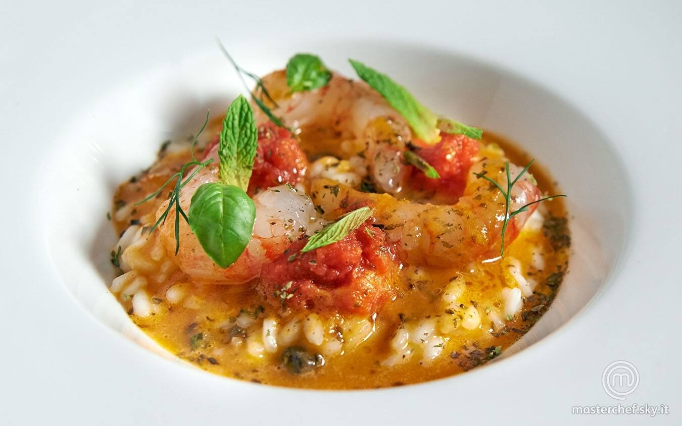 Masterchef: Risotto con gamberi viola di Sanremo, estratto di pomodoro ...