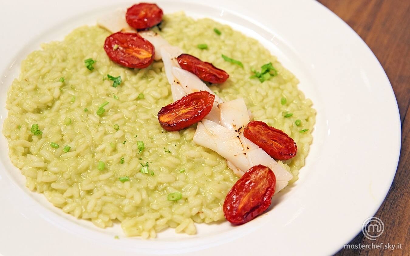 Masterchef: Risotto con crema di bucce di piselli e calamari al profumo ...