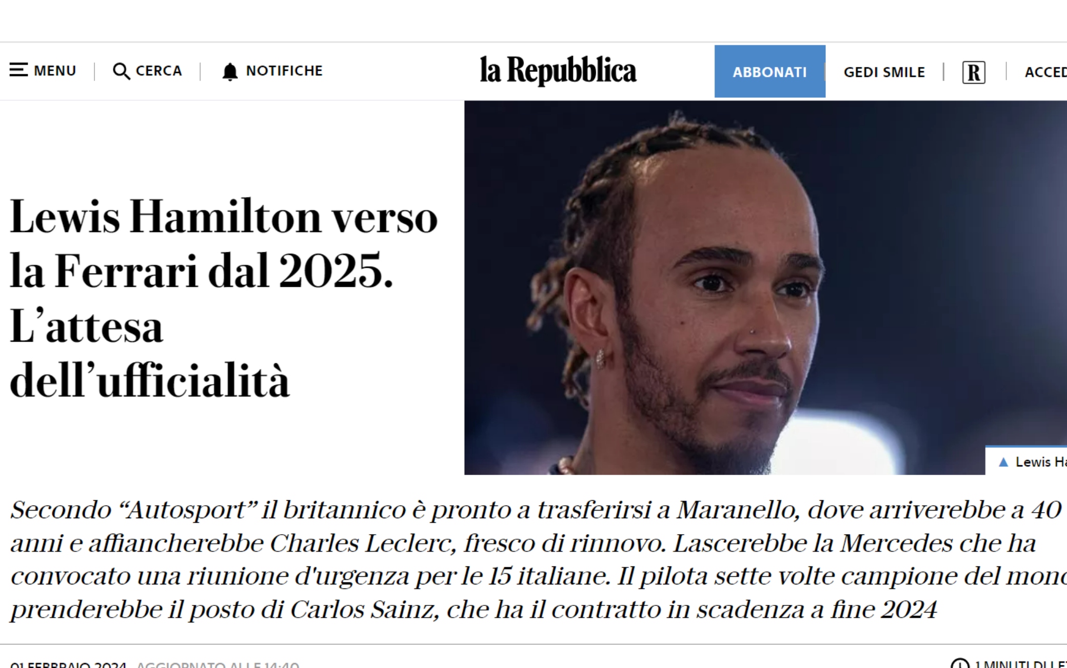 Hamilton in Ferrari F1, la rassegna stampa dei giornali nel mondo | Sky ...