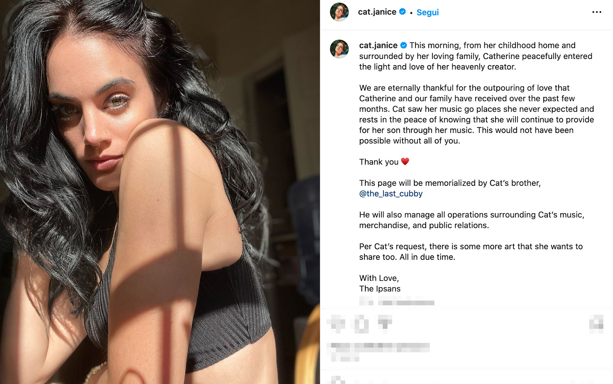 Cat Janice, morta di tumore a 31 anni: aveva donato i diritti della sua ultima canzone al figlio ...