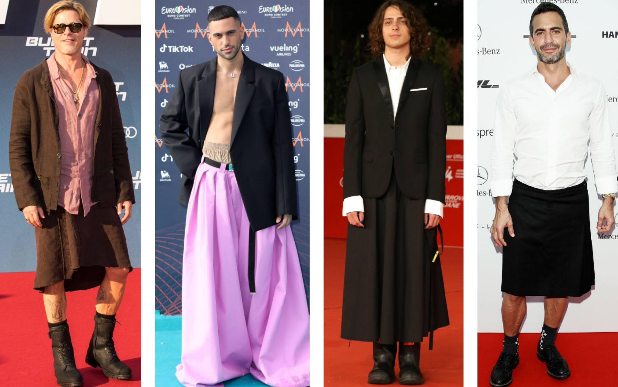 Brad Pitt, Sangiovanni e Mahmood: gli uomini con la gonna. FOTO