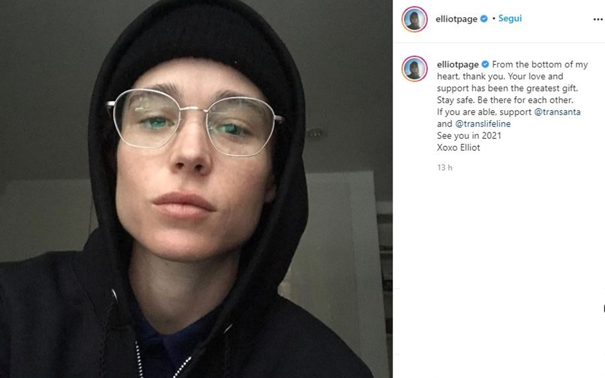 Elliot Page, il primo post su Instagram